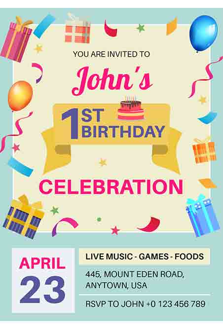 1st Birthday Invitation Templates - Free | Customizable
