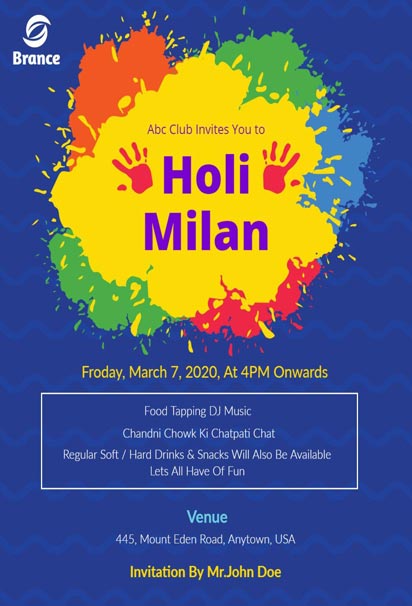 Creative Holi Milan Invitation Template with Festive Handprints